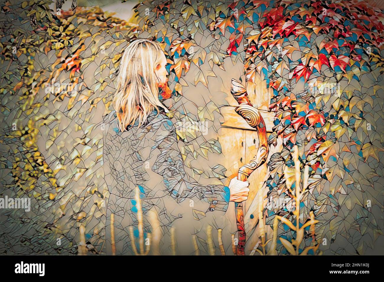 Alchemist in a beautiful ornamental dress in nature and mosaic ...