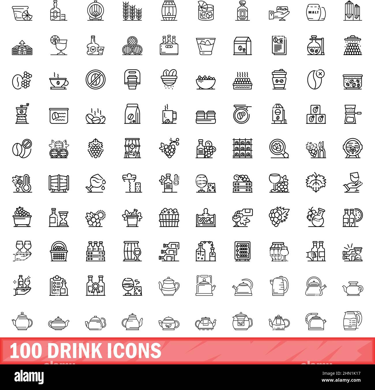 100 drink icons set. Outline illustration of 100 drink icons vector set ...