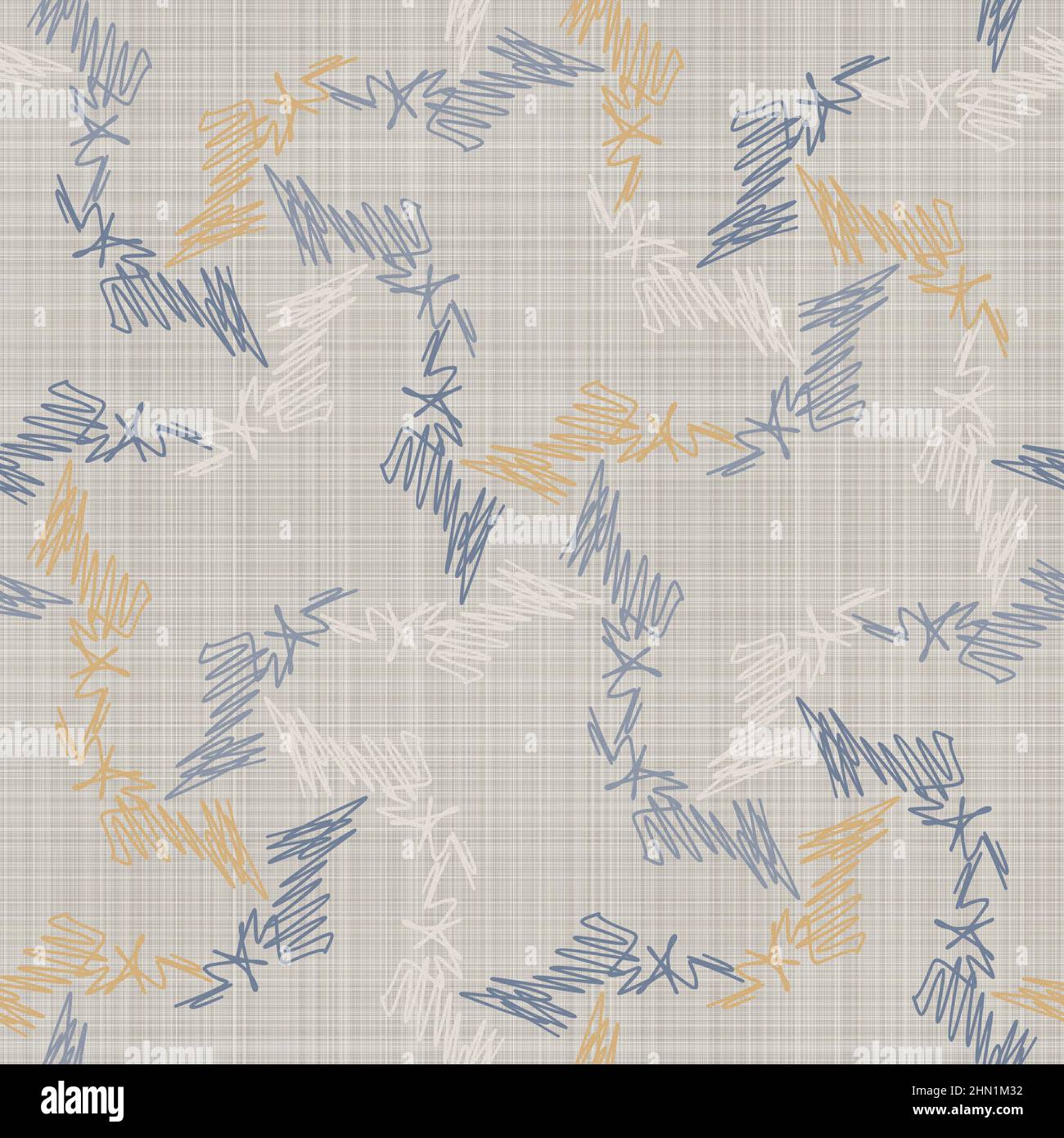 French blue doodle motif linen seamless pattern. Tonal country cottage ...