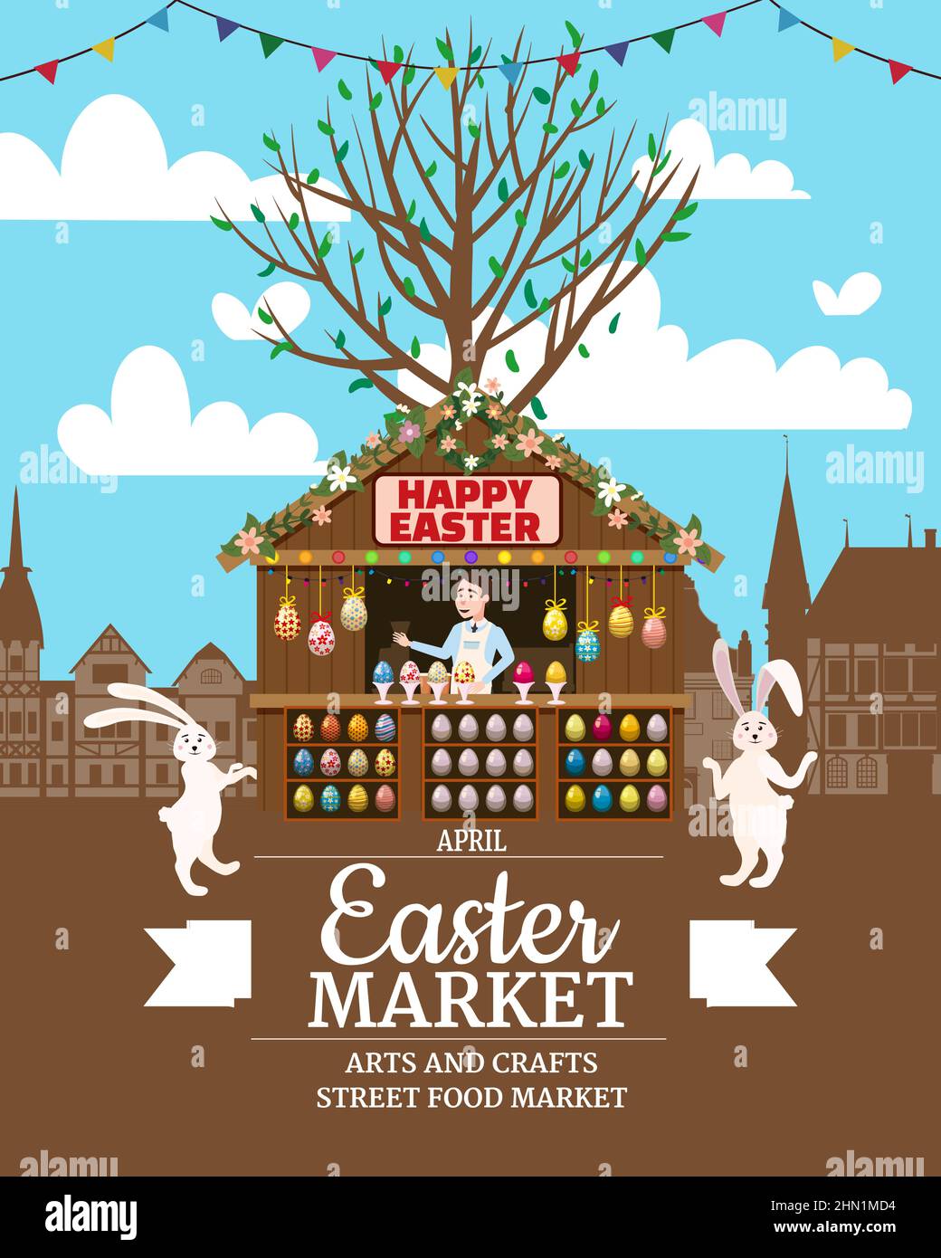 Easter Market poster, Holiday City Spring Fair, wooden stall decorated ...