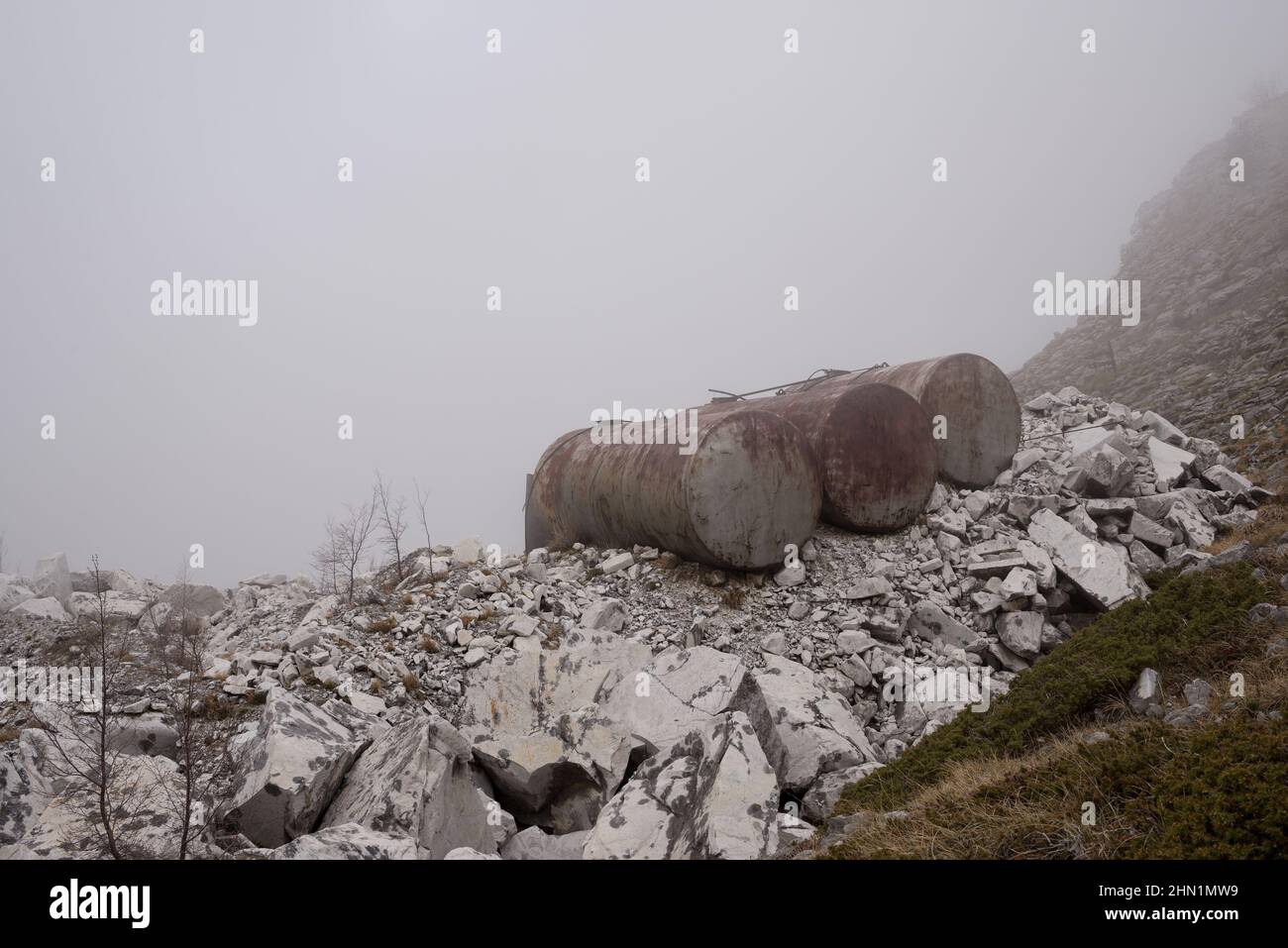 Marble mine in foggy weather Stock Photo - Alamy