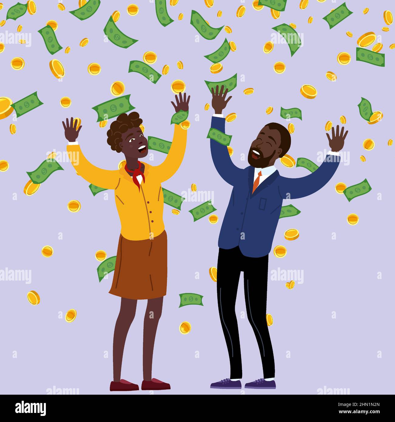 Happy african woman and man falling money rain. Success finance ...