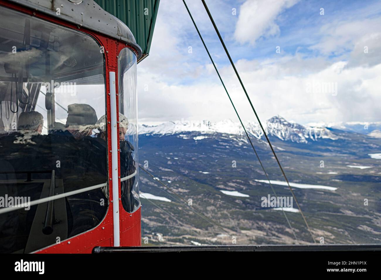 Jasper Tramway (SkyTram) car arriving at the peak terminal. Alberta ...