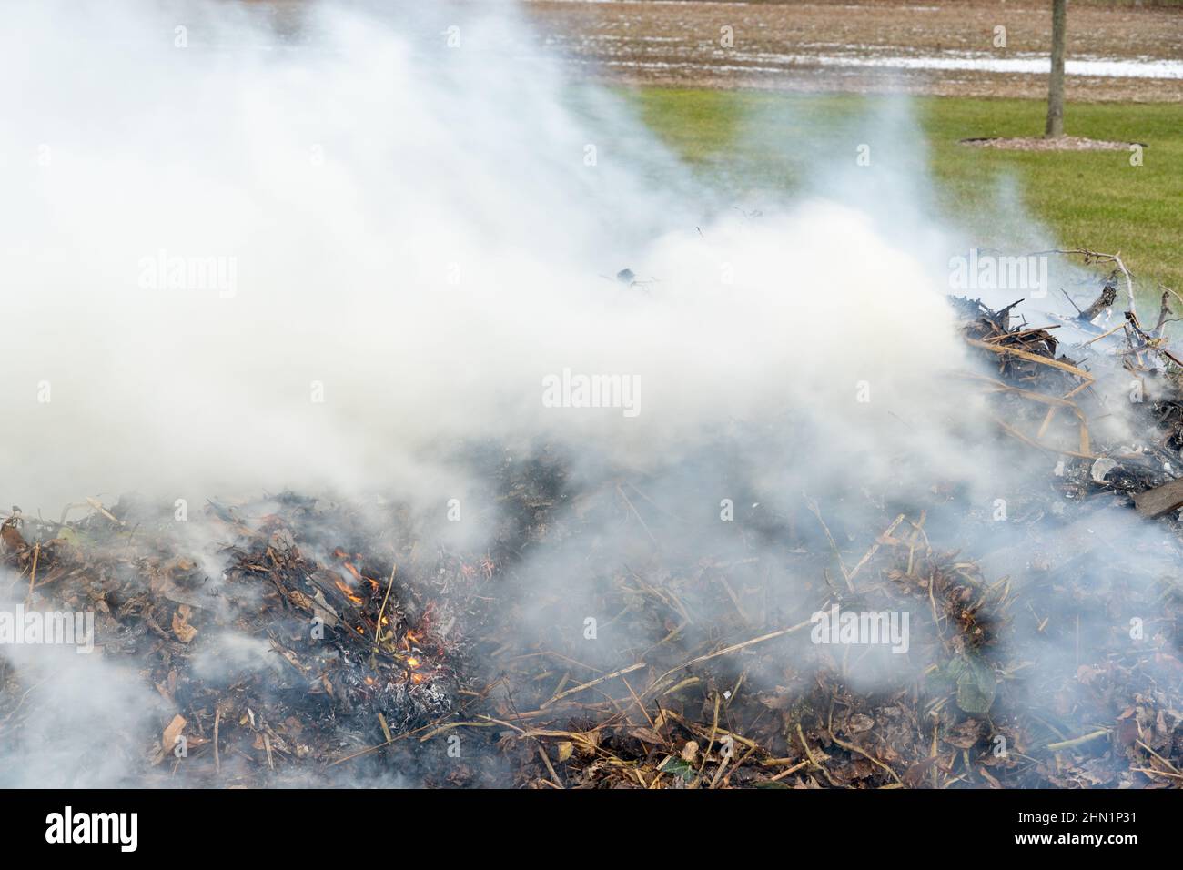Thick smoke coming off a wildfire burning in a rural area causing ...