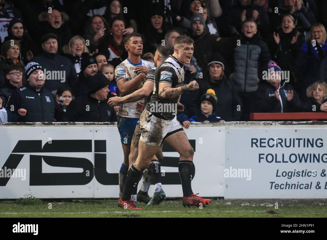 Cameron Scott #24 of Hull FC celebrates Wakefield Trinity loosing ...