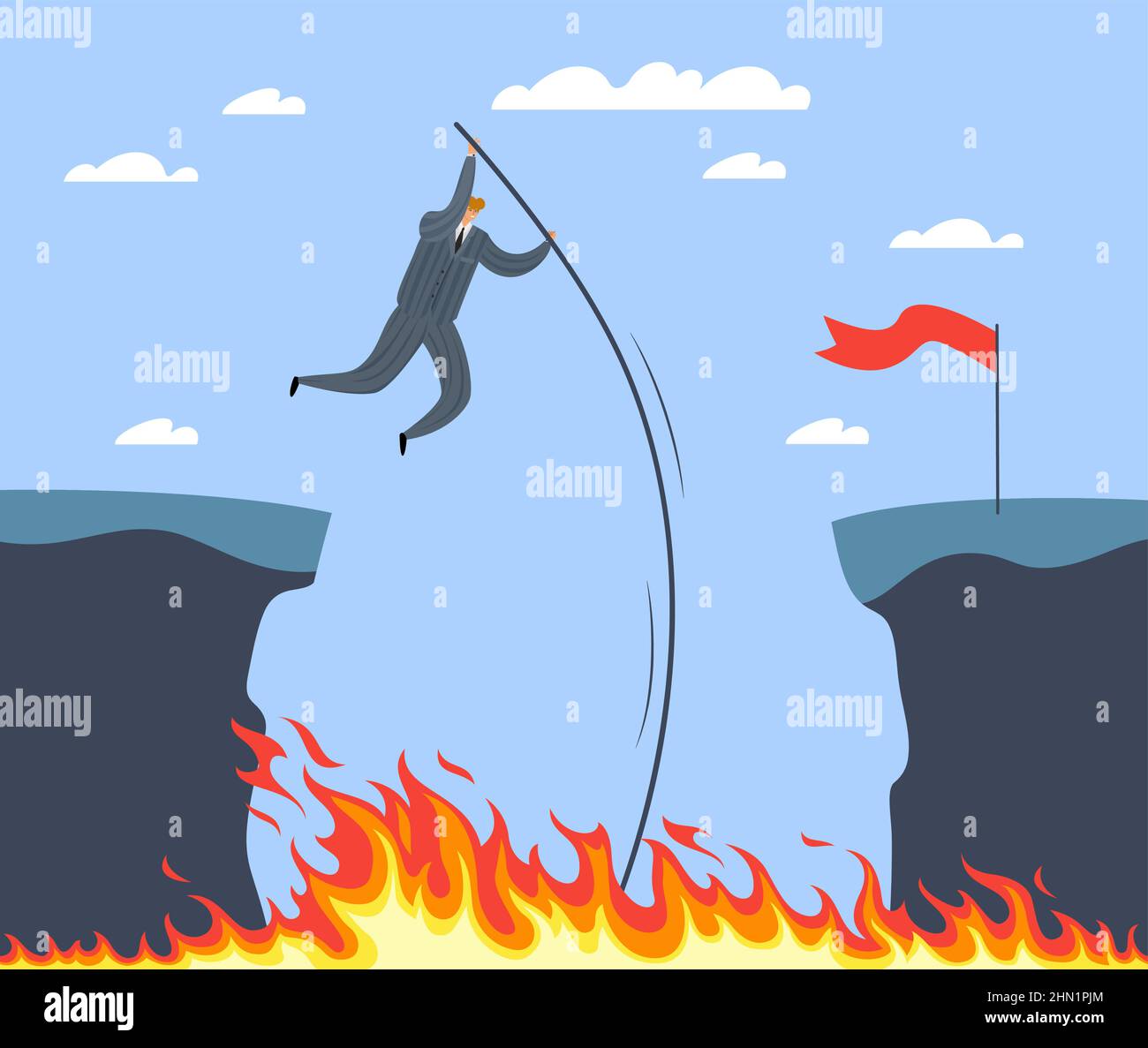 Overcoming obstacles. Calculation of their forces. Achieving the goal. Businessman jumping over ...