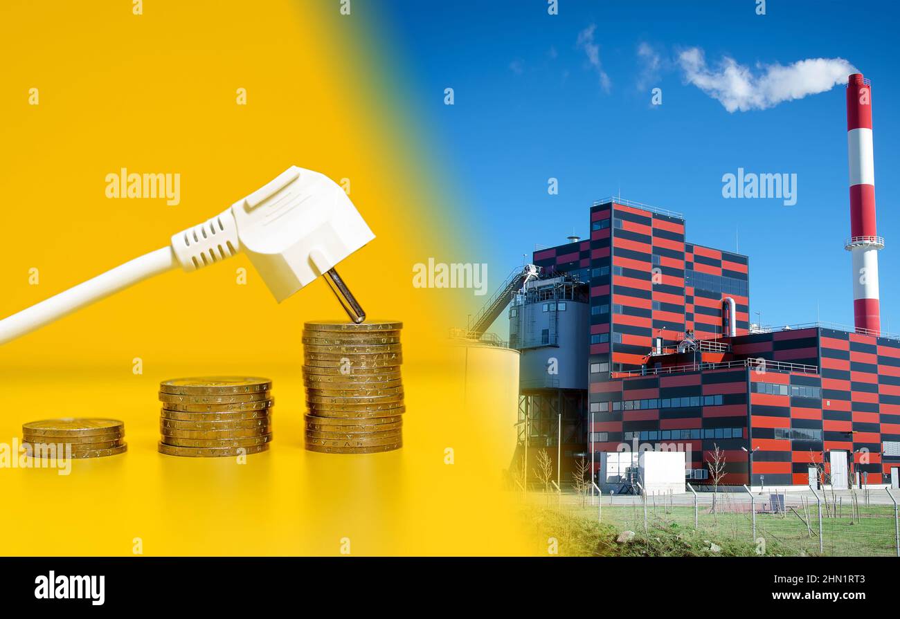 Renewable energy concept. Power plant and coins with AC power plug ...