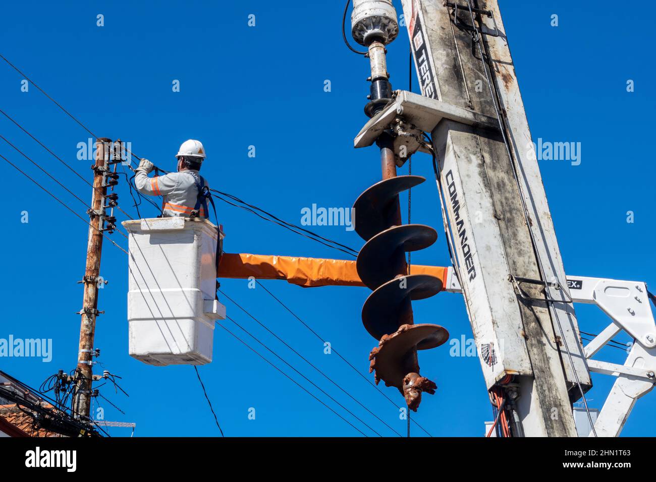 Power transmission line power pole safety net hi-res stock photography ...