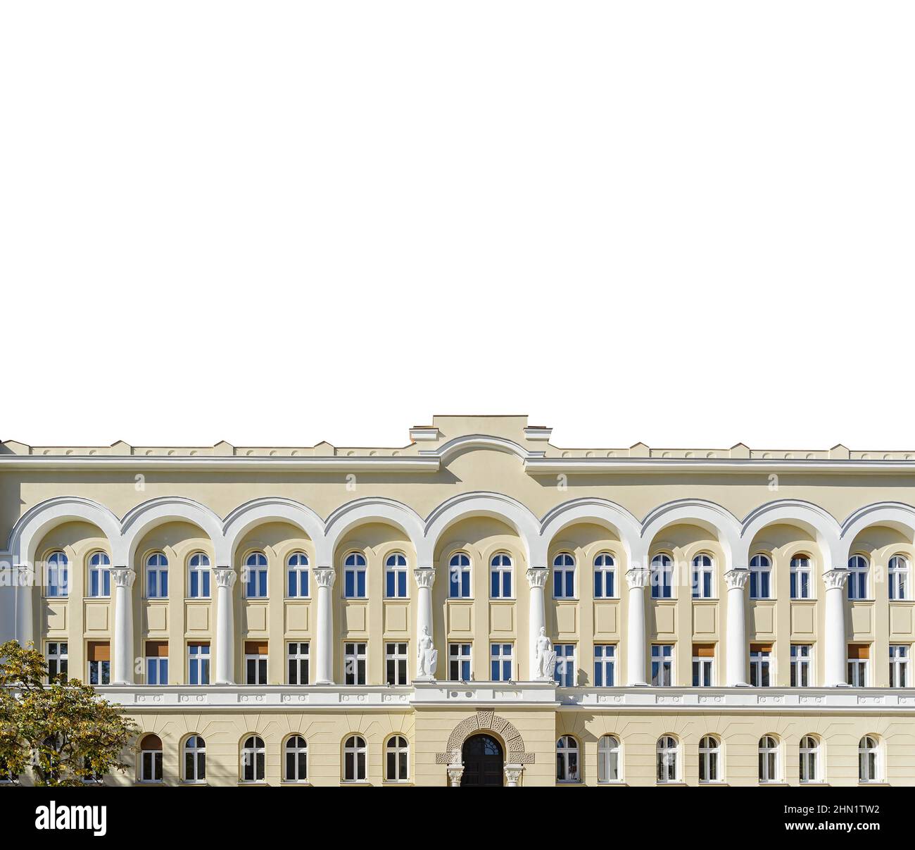 Front view on the old yellow office building isolated on white Stock ...