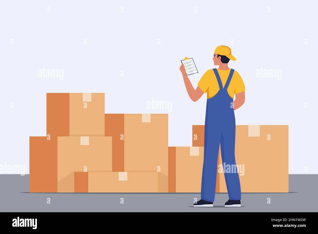 Warehouse worker checking goods in boxes. Stock taking job. Modern flat ...