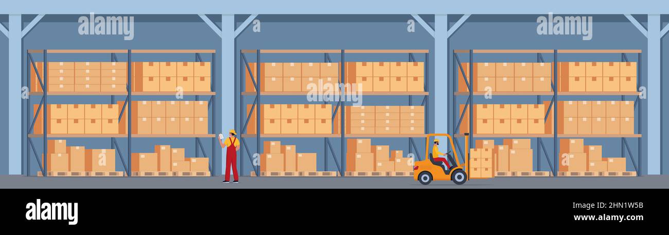 Warehouse Interior with Boxes On Rack And People Working. Logistic ...