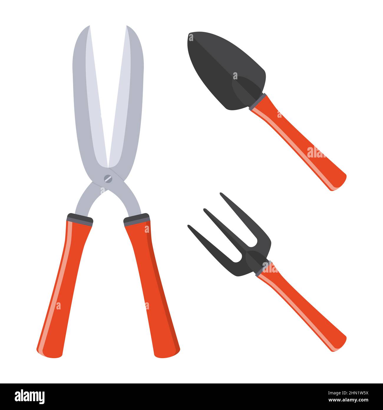 Set of gardening tools. Pruner, shovel, rake. Vector illustration in ...