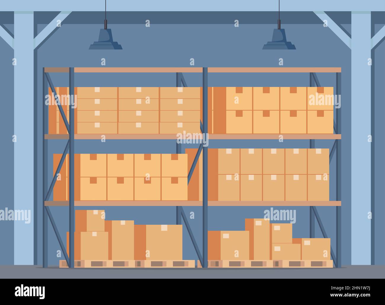 Warehouse. Storage. Shelvings with cardboard boxes. Warehouse racks ...