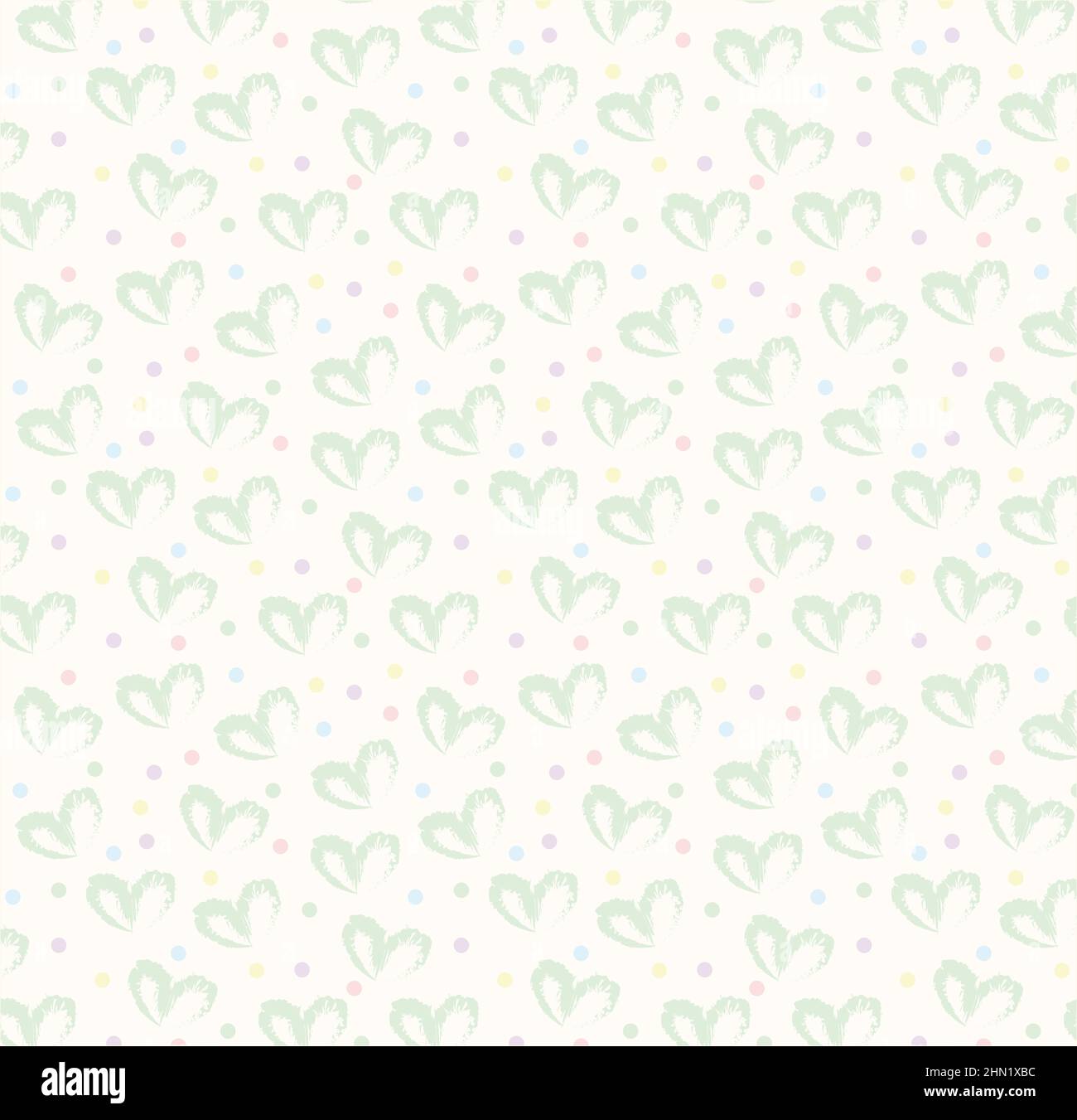 Seamless pattern of hand drawn simple hearts in green on beige and ...