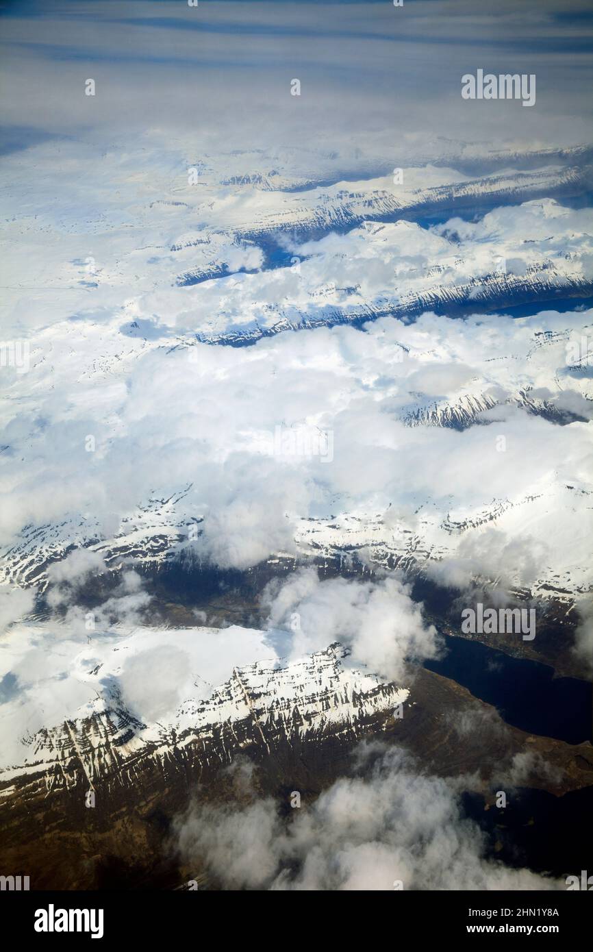 Iceland, aerial view from airplane, showing interior wilderness of snow ...