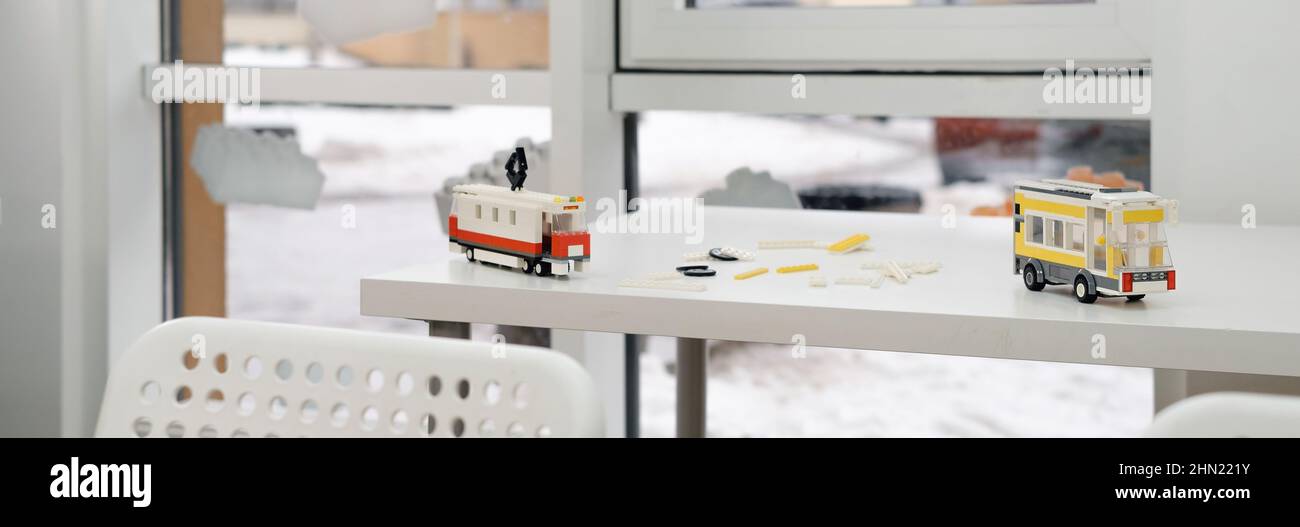 Empty class in school after science lessons. Tables in the room with ...