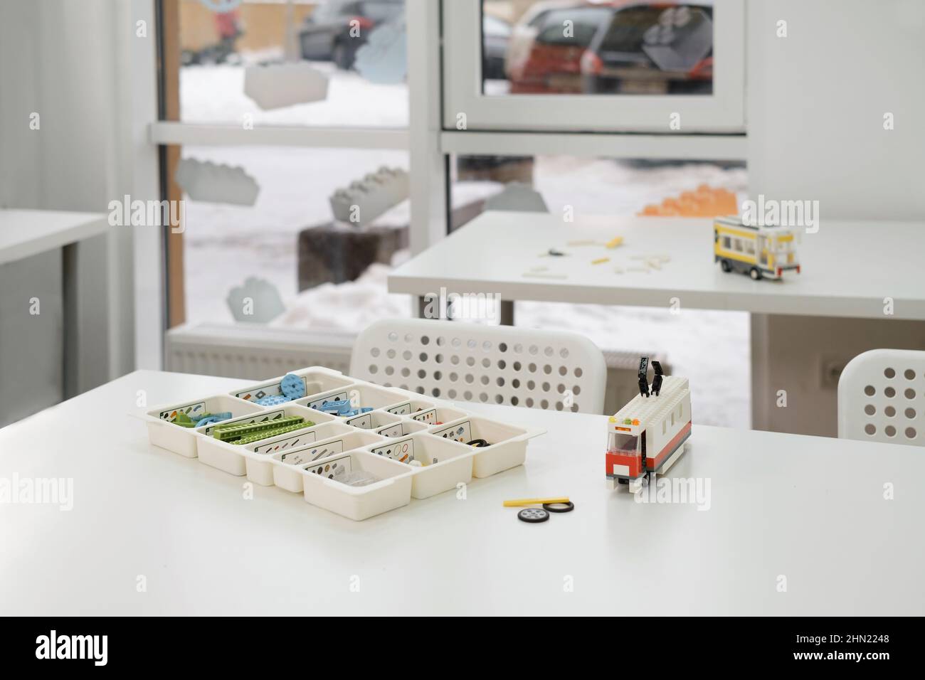 Empty class in school after science lessons. Tables in the room with ...