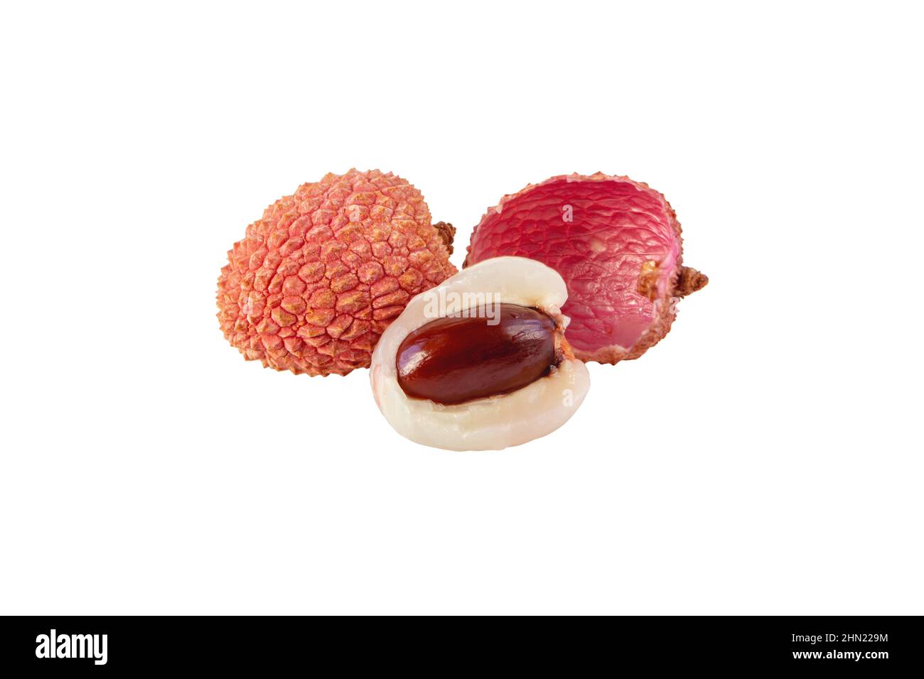 Two tropical exotic lychee fruits group closeup isolated on white ...