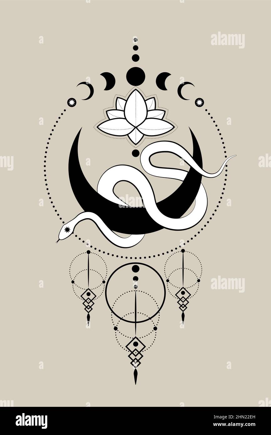 White Snake on Crescent Moon and Lotus Flower, Sacred geometry. Moon ...