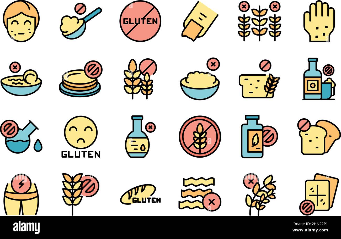 Gluten intolerance icons set outline vector. Free gluten. Non gmo Stock ... Gluten intolerance icons set outline vector. Free gluten. Non gmo Stock ...