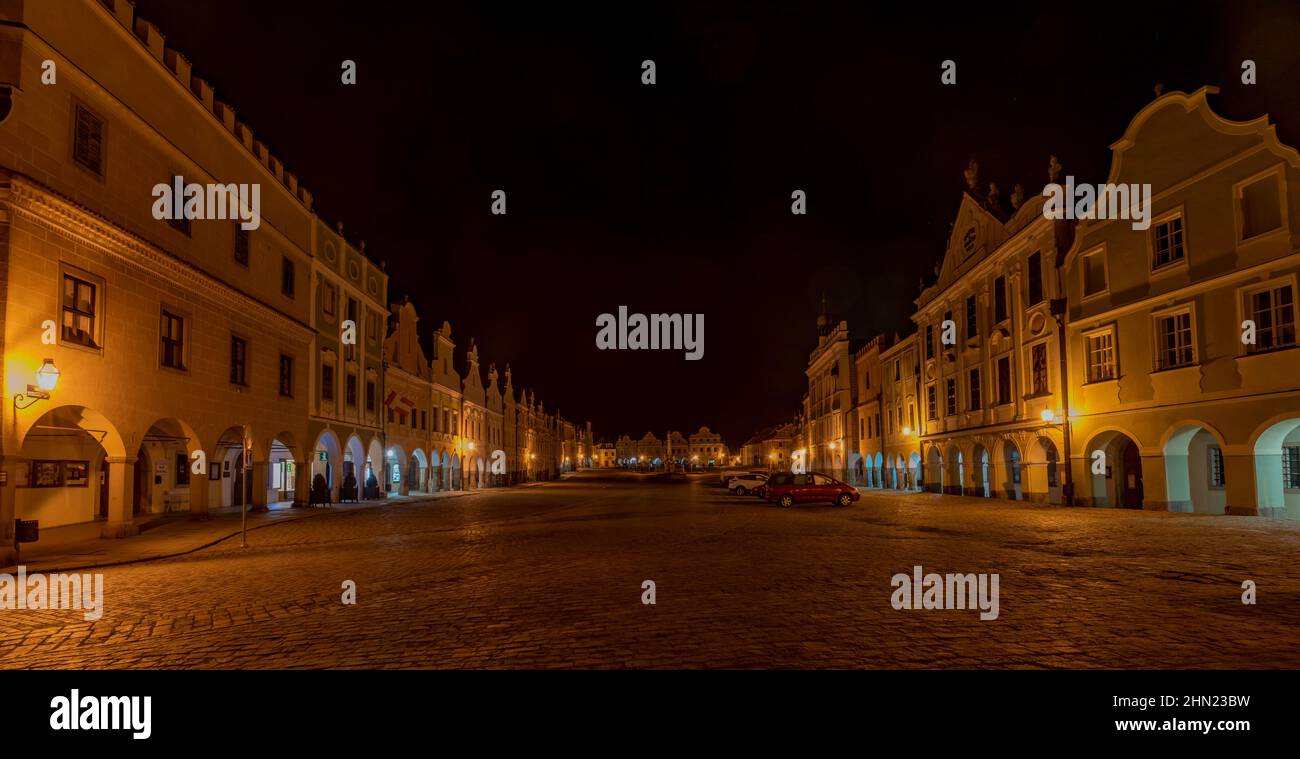 Telc town in winter black night with orange street lamps Stock Photo ...