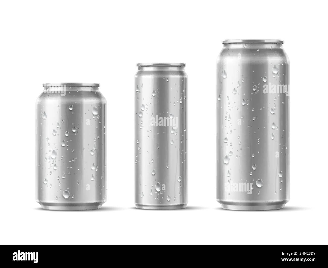 Cans with condensation drips. Realistic metallic cold drinks containers ...