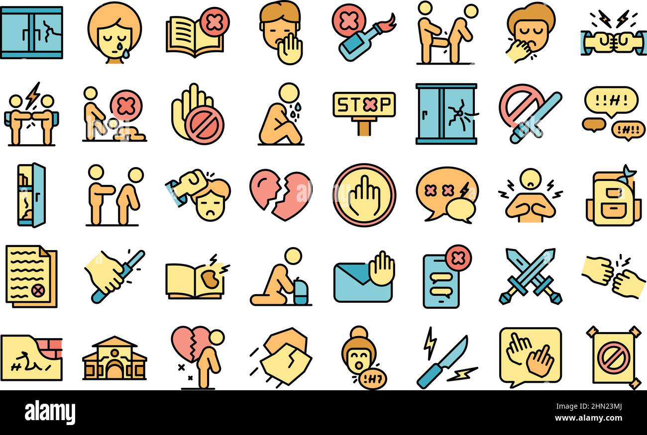 Violence at school icons set outline vector. Victim abuse. Family ...