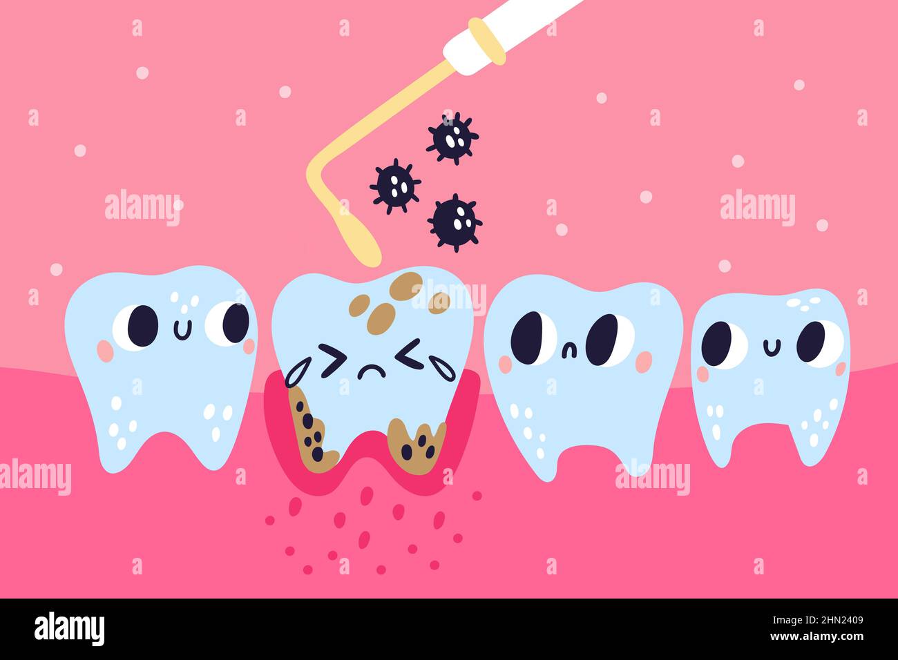 Cute teeth hygiene. Funny dental characters. Row in gum. Toothache ...