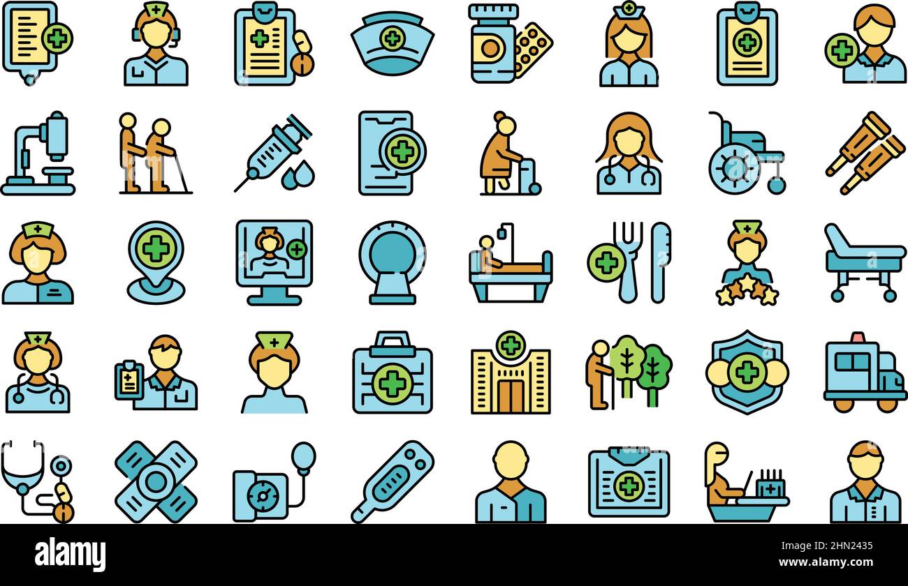 Nursing assistant icons set outline vector. Old people. Care patient ...