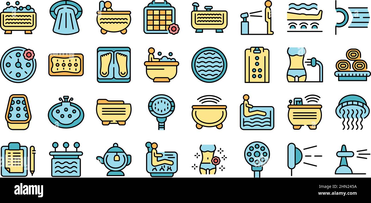 Hydro massage icons set outline vector. Aqua spa. Hydrotherapy park ...
