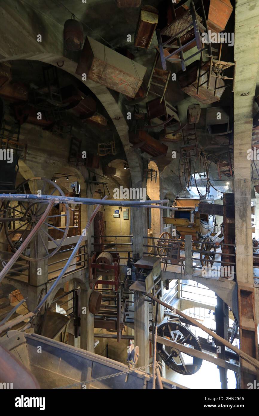 The interior view of Mercer Museum and Library with artifacts, tools ...