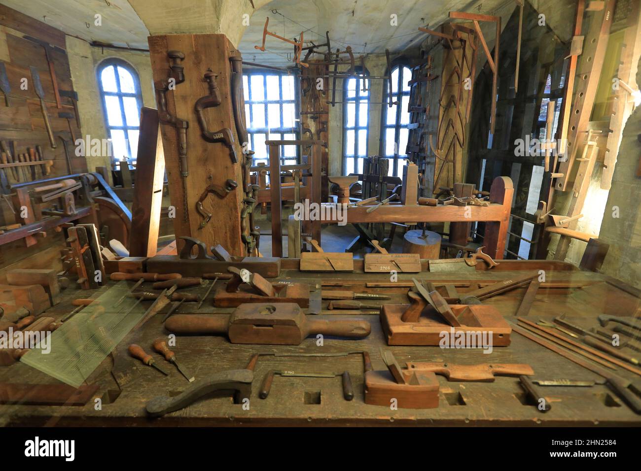 Antique carpenter's tools display in Mercer Museum & Library.Doylestown ...