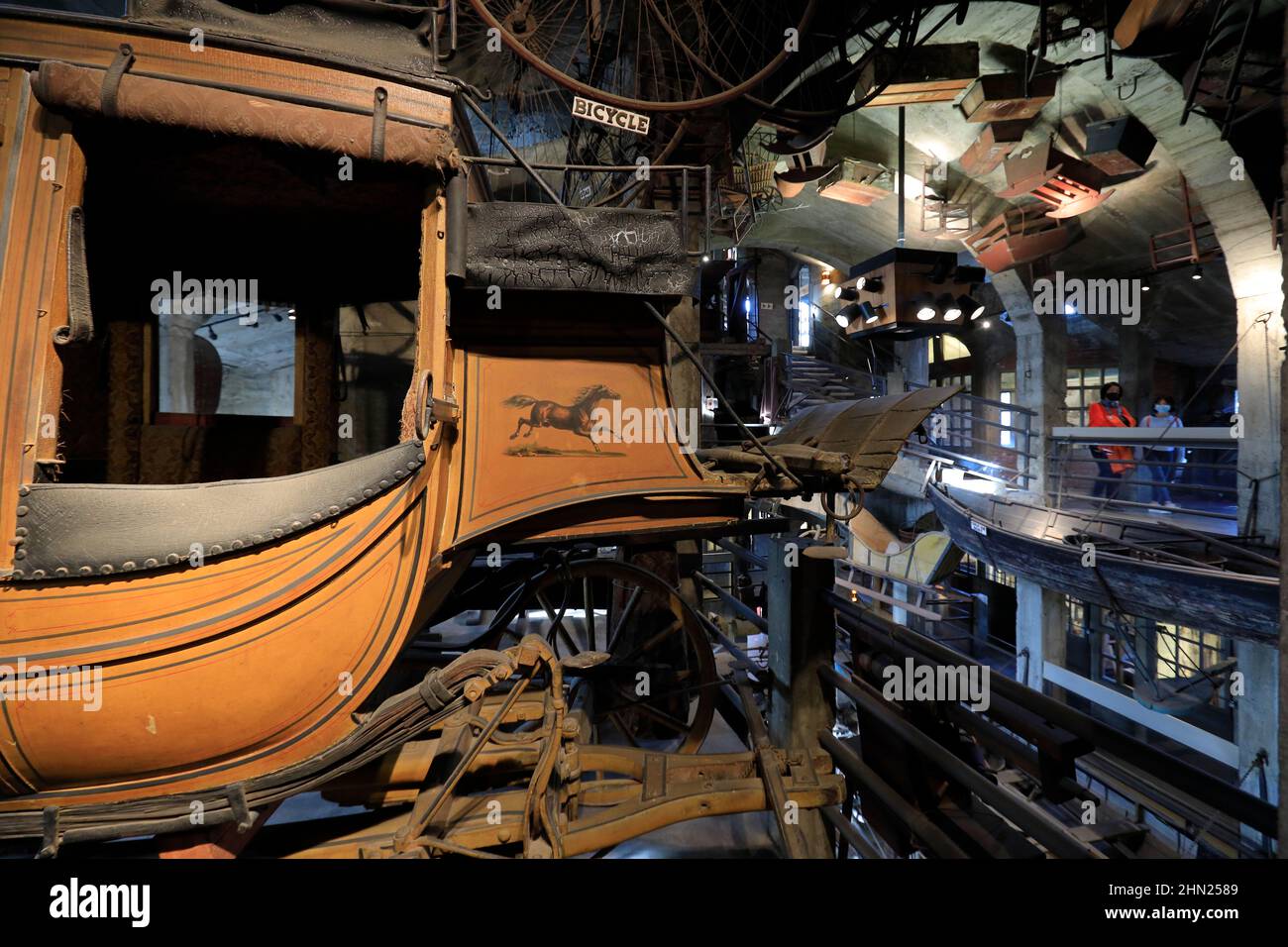 The interior view of Mercer Museum and Library with artifacts, tools ...