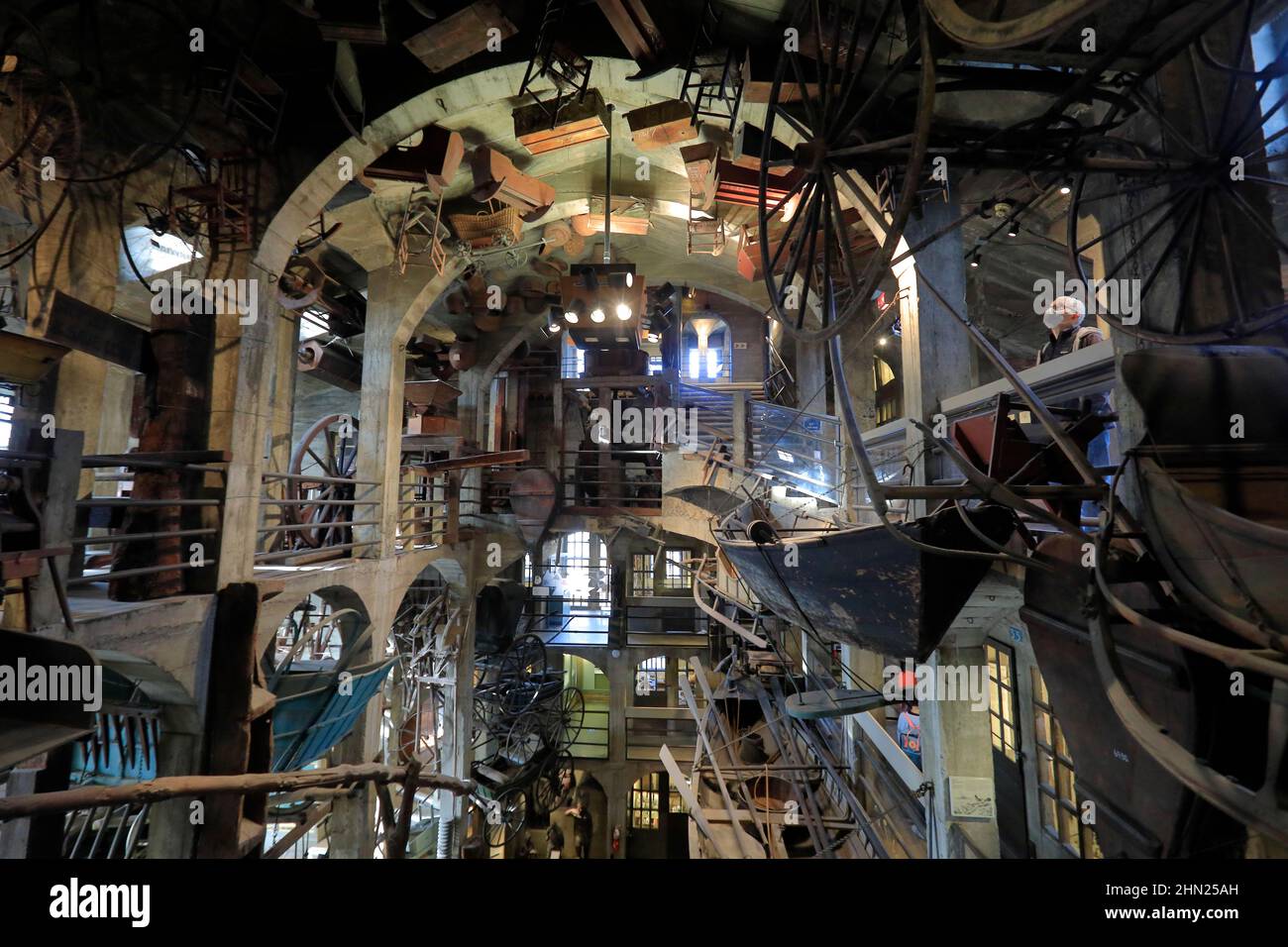The interior view of Mercer Museum and Library with artifacts, tools ...