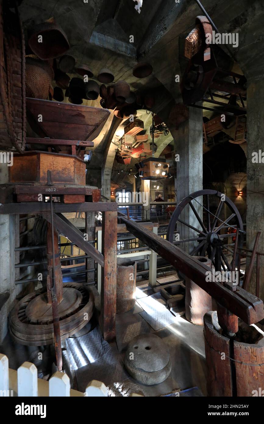 The interior view of Mercer Museum and Library with artifacts, tools ...