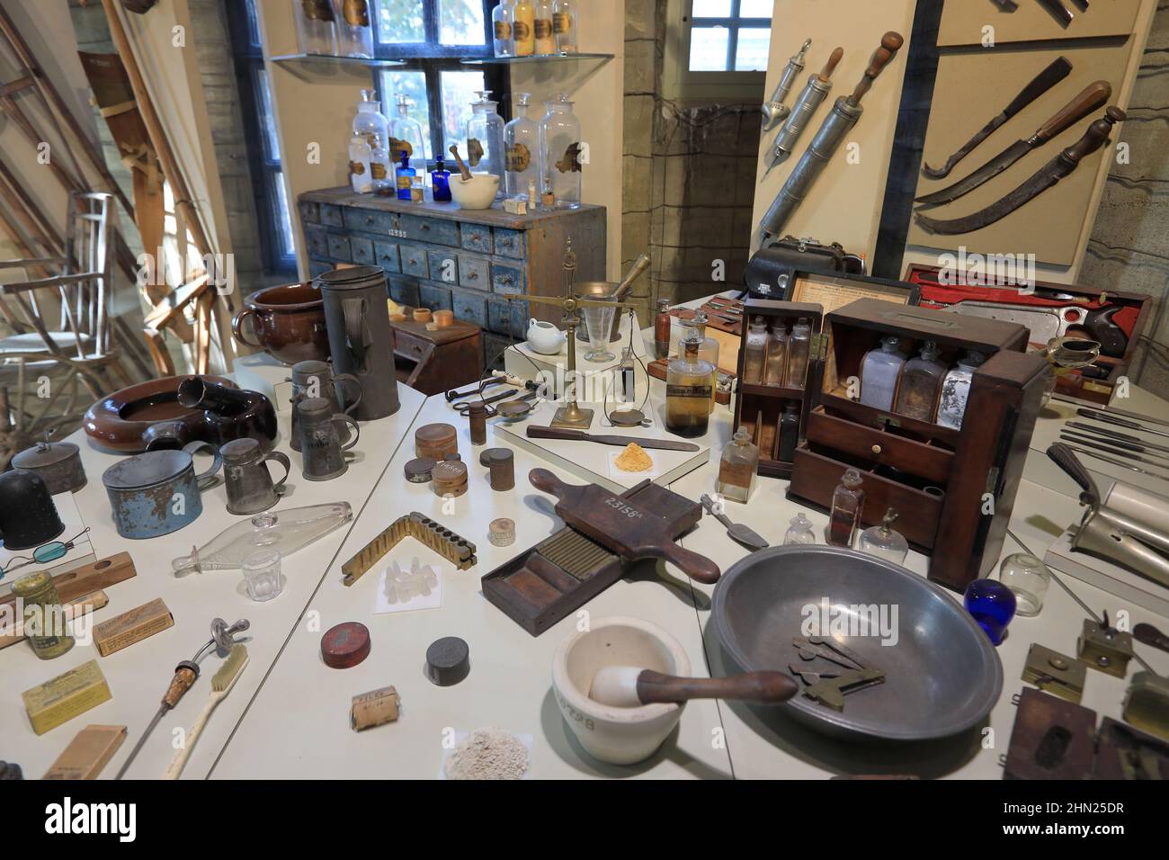 Antique medical instruments collection display in Mercer Museum ...