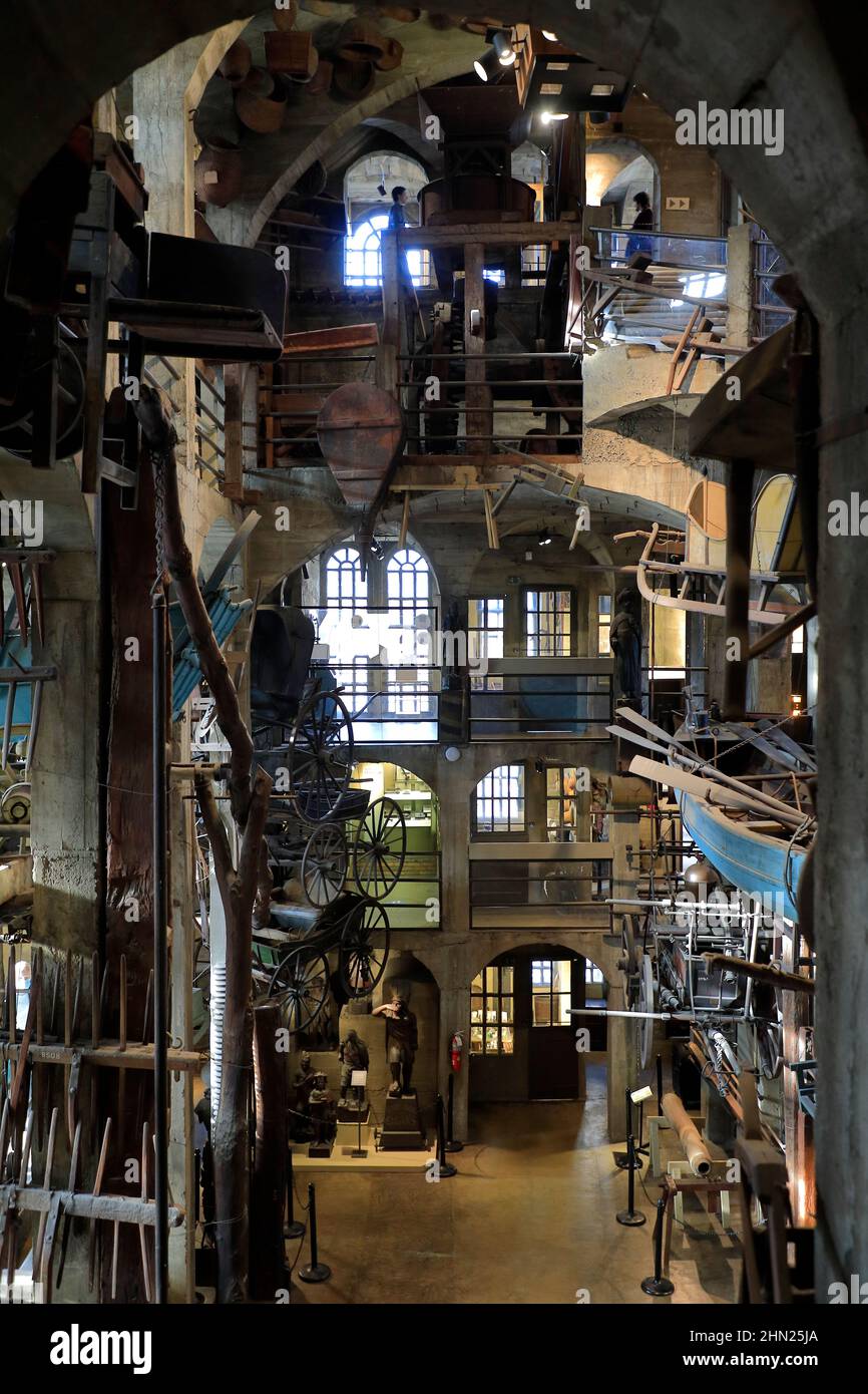 The interior view of Mercer Museum and Library with artifacts, tools ...