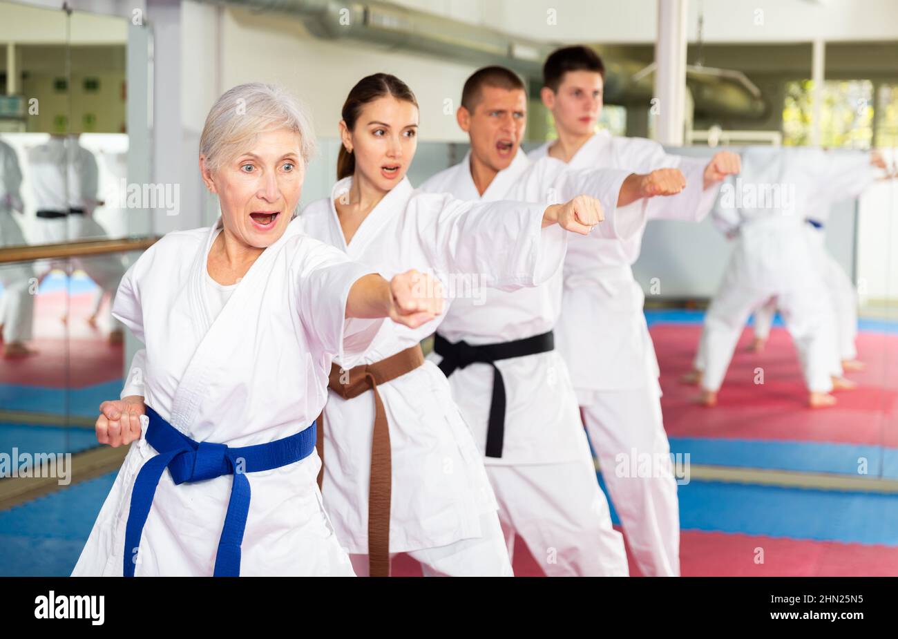Aged woman practicing punches during group martial arts workout Stock ...