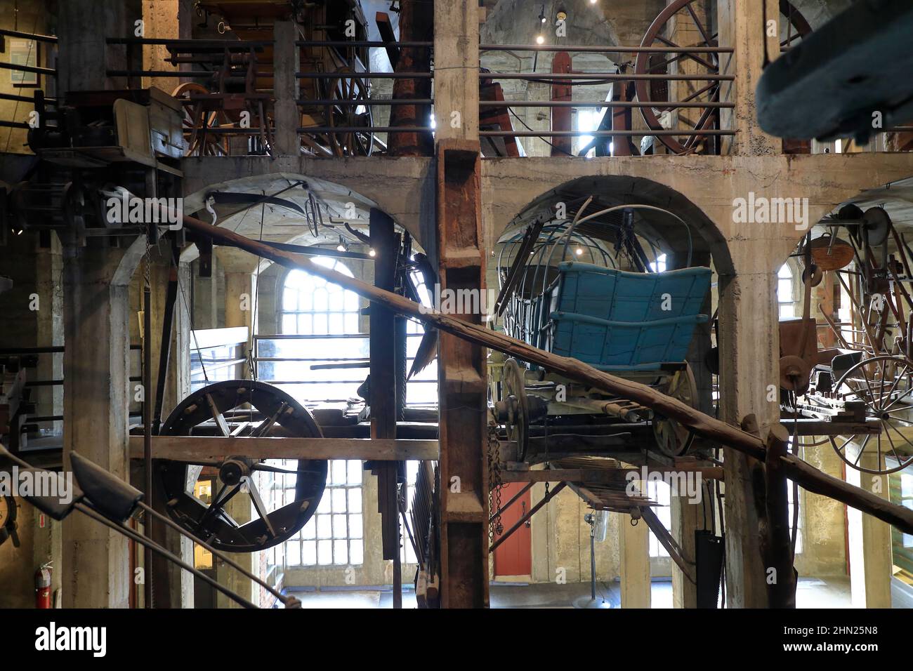 The interior view of Mercer Museum and Library with artifacts, tools ...
