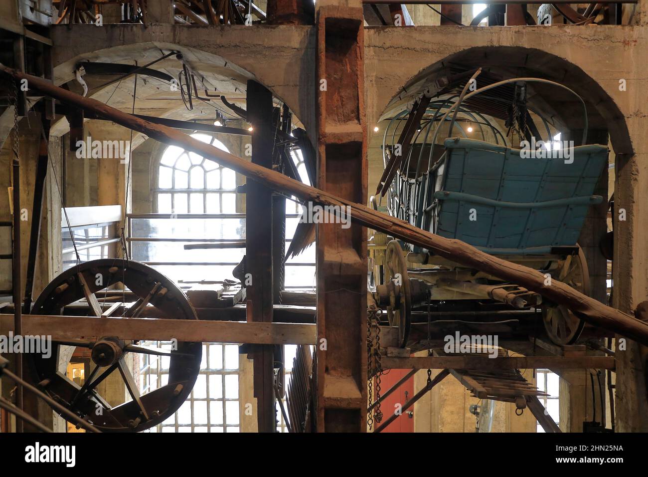The interior view of Mercer Museum and Library with artifacts, tools ...
