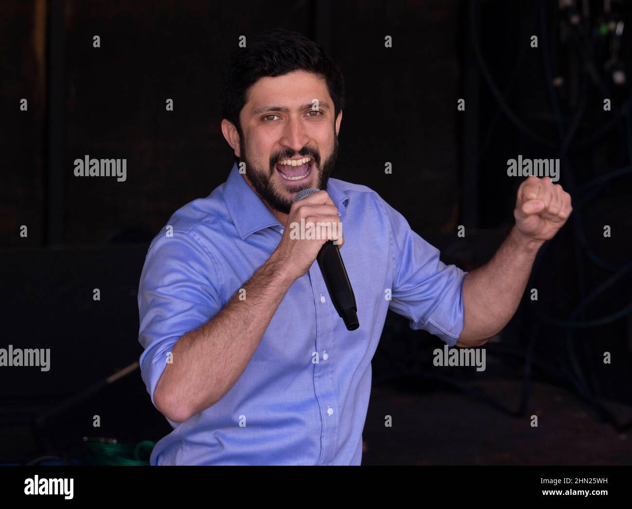 Austin, TX, USA. 13th Feb, 2022. Greg Casar speaks to several hundred ...