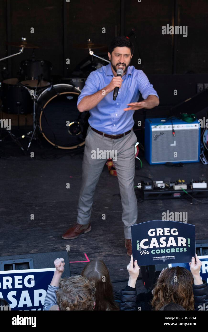 Austin, TX, USA. 13th Feb, 2022. Greg Casar speaks to several hundred ...