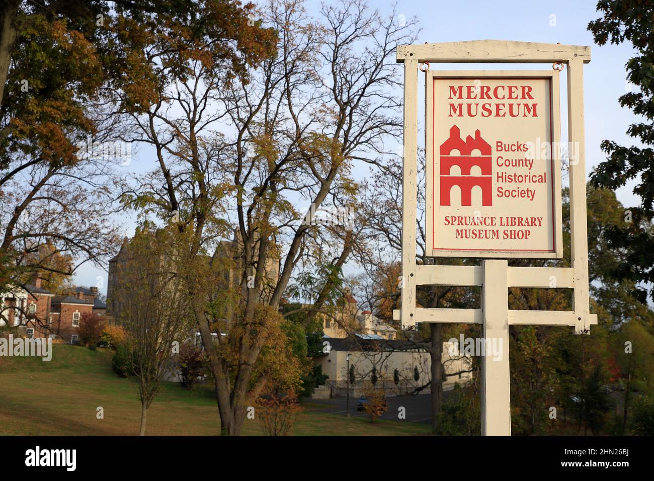 Wooden sign of Mercer Museum Bucks County Historical Society Spruance ...