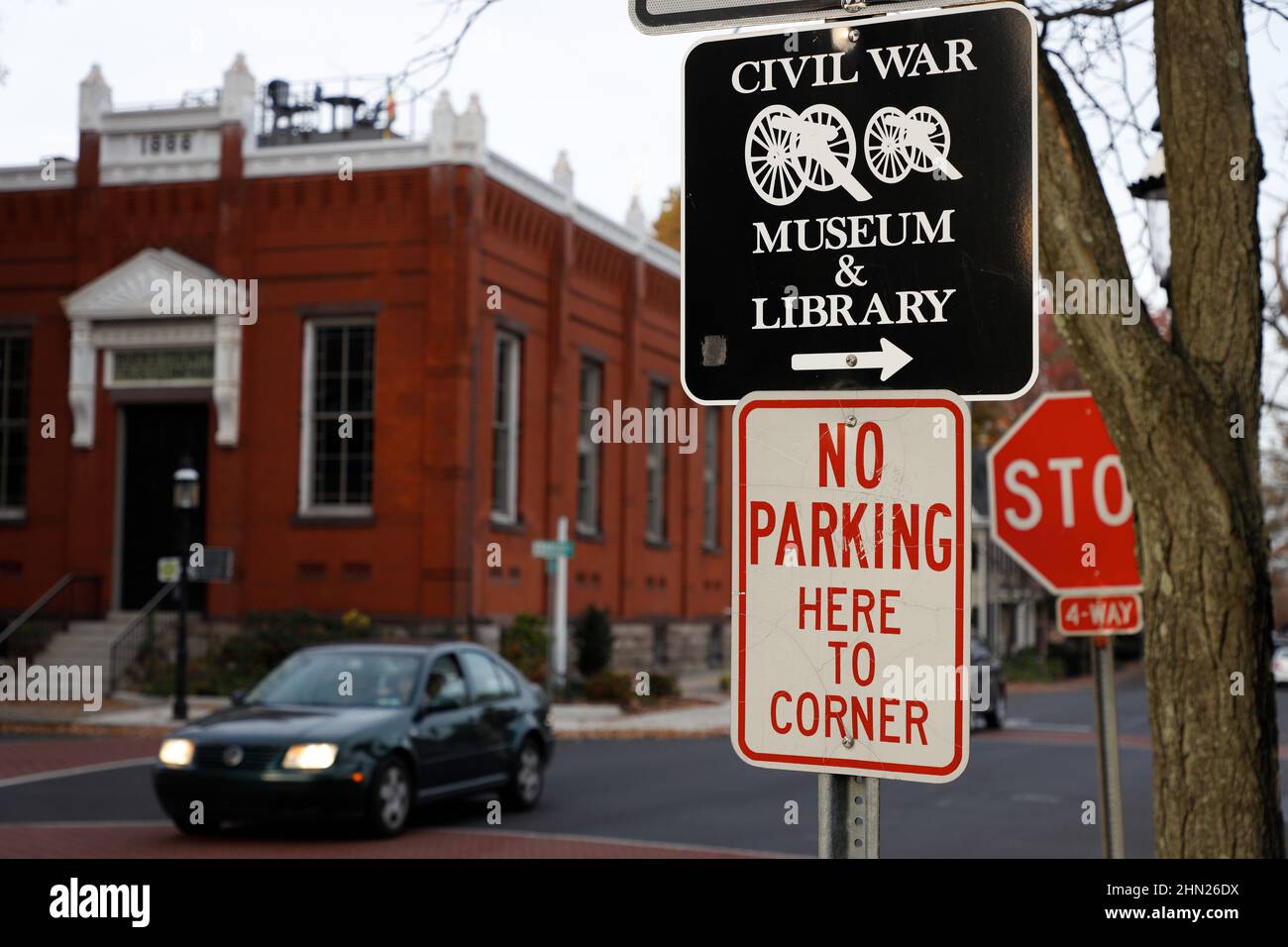 Civil War Museum sign and traffic signs on the street of Doylestown ...