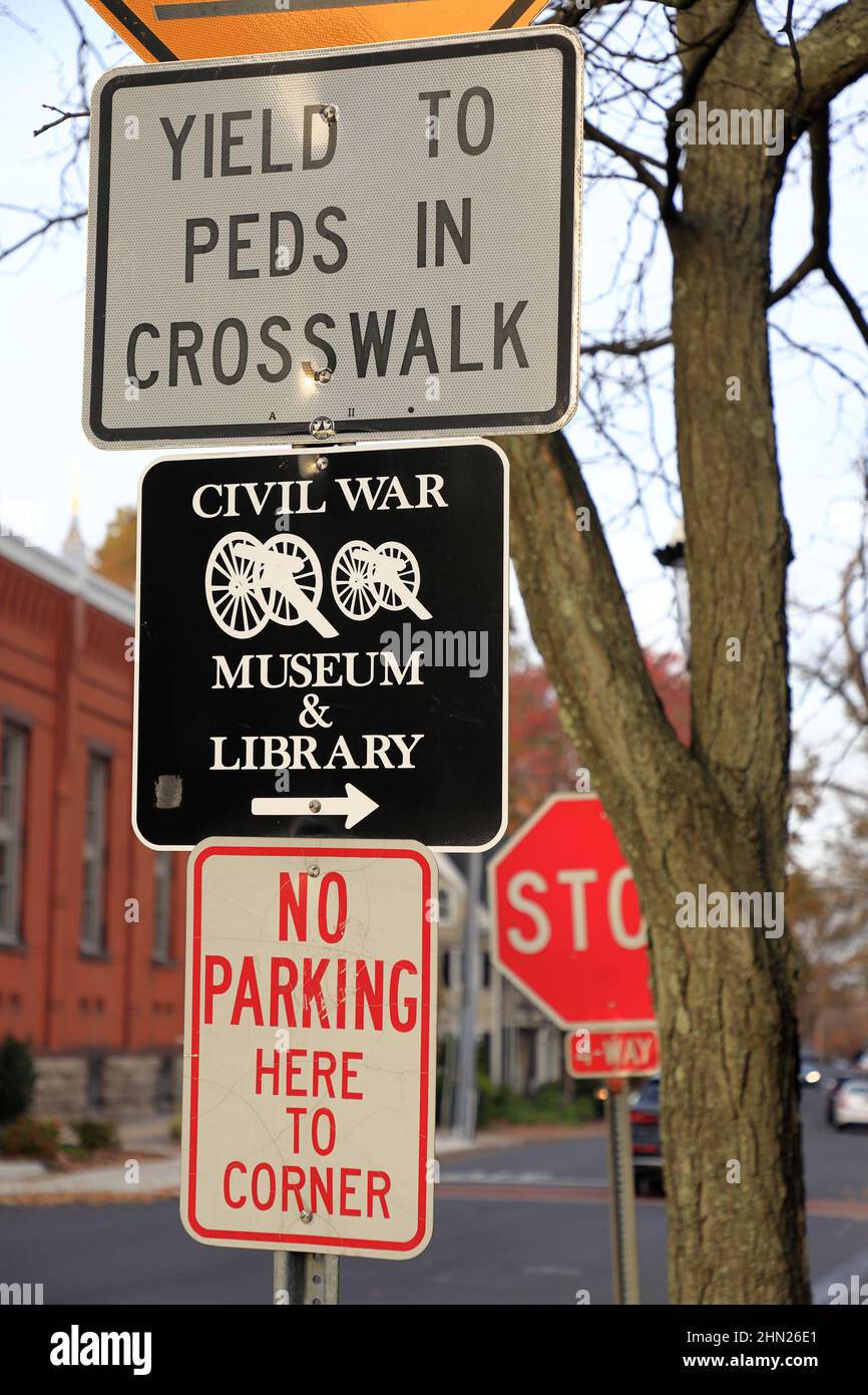 Civil War Museum sign and traffic signs on the street of Doylestown ...