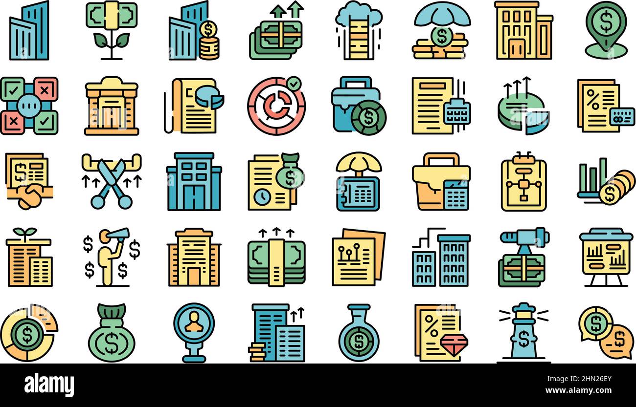 Investment company icons set outline vector. Executive trader. Bank ...
