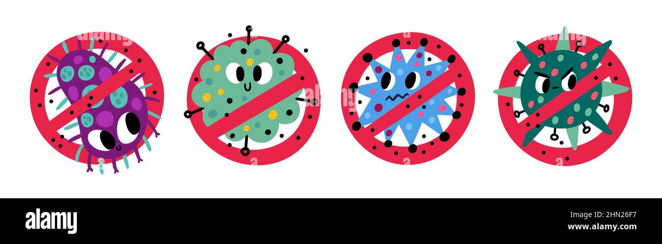 Stop bacteria signs. Round antigerms symbols. Viruses strikethrough ...