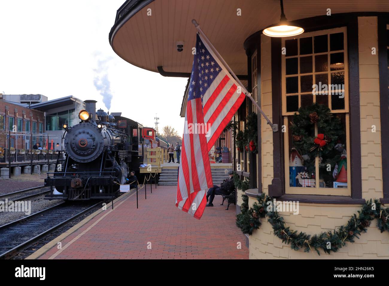 Steam locomotive at New Hope Railroad Heritage Station during dusk with ...