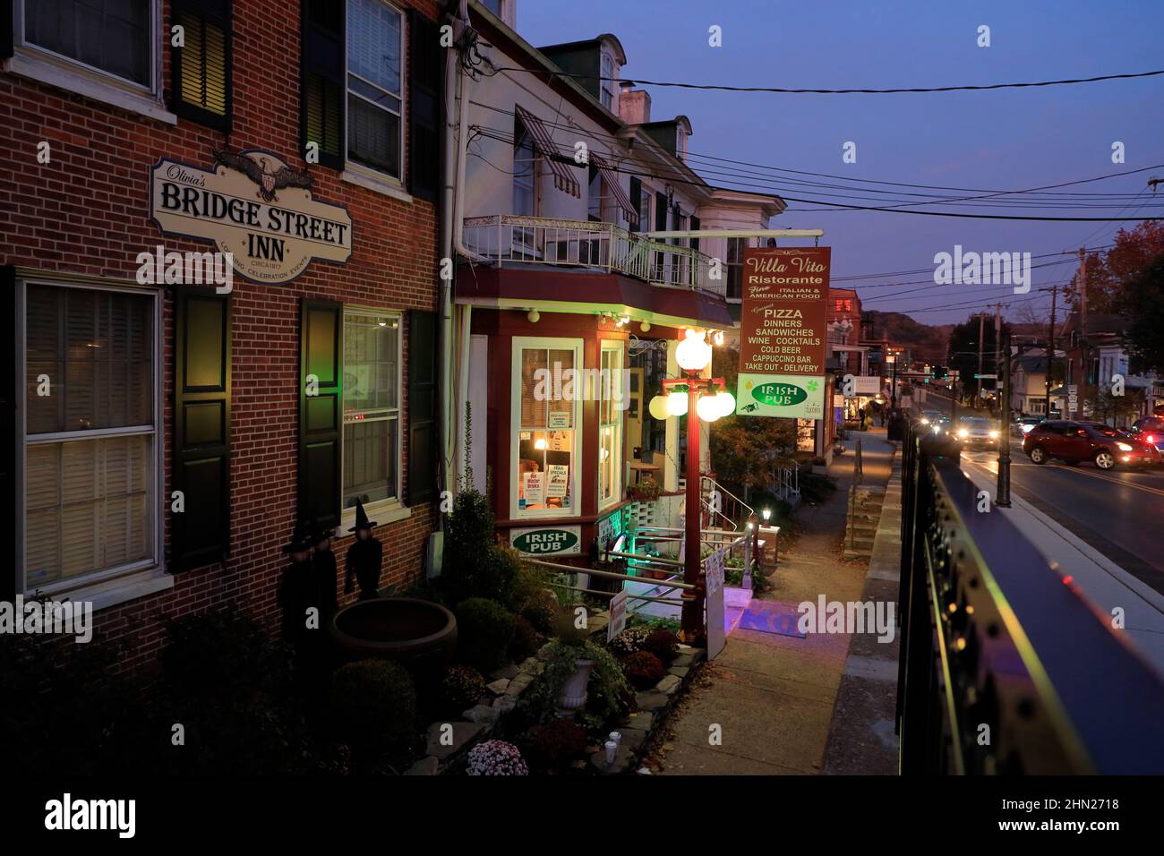 The night view of Bridge Street.New Hope.Pennsylvania.USA Stock Photo ...