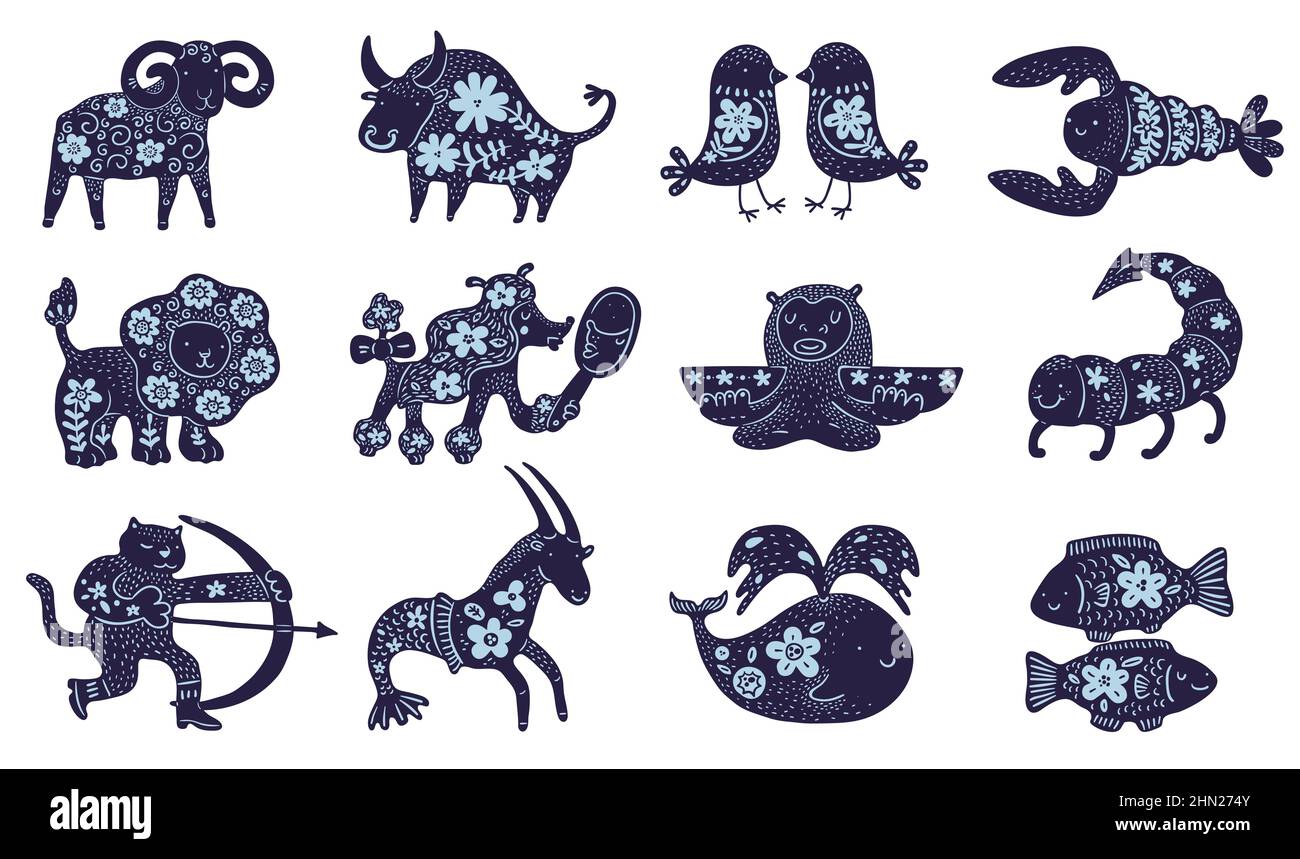 Zodiac signs. Decorative astrological symbol stickers. Hand drawn ...